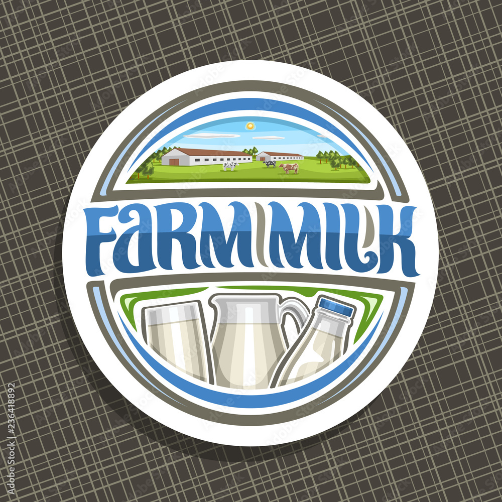 Vector logo for Farm Milk, white round badge with illustration of ...