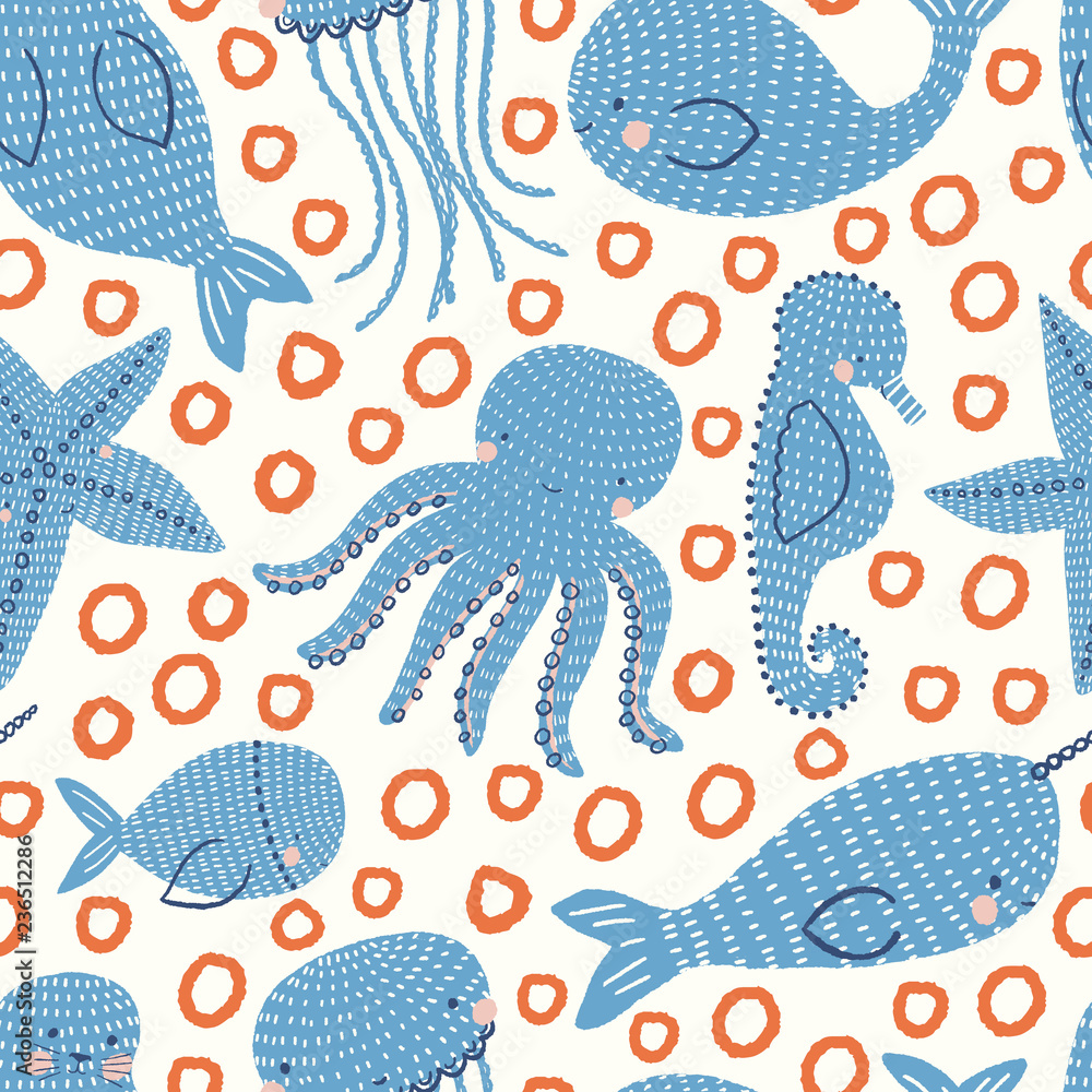 Seamless ocean animals vector repeat pattern with seals, starfish ...