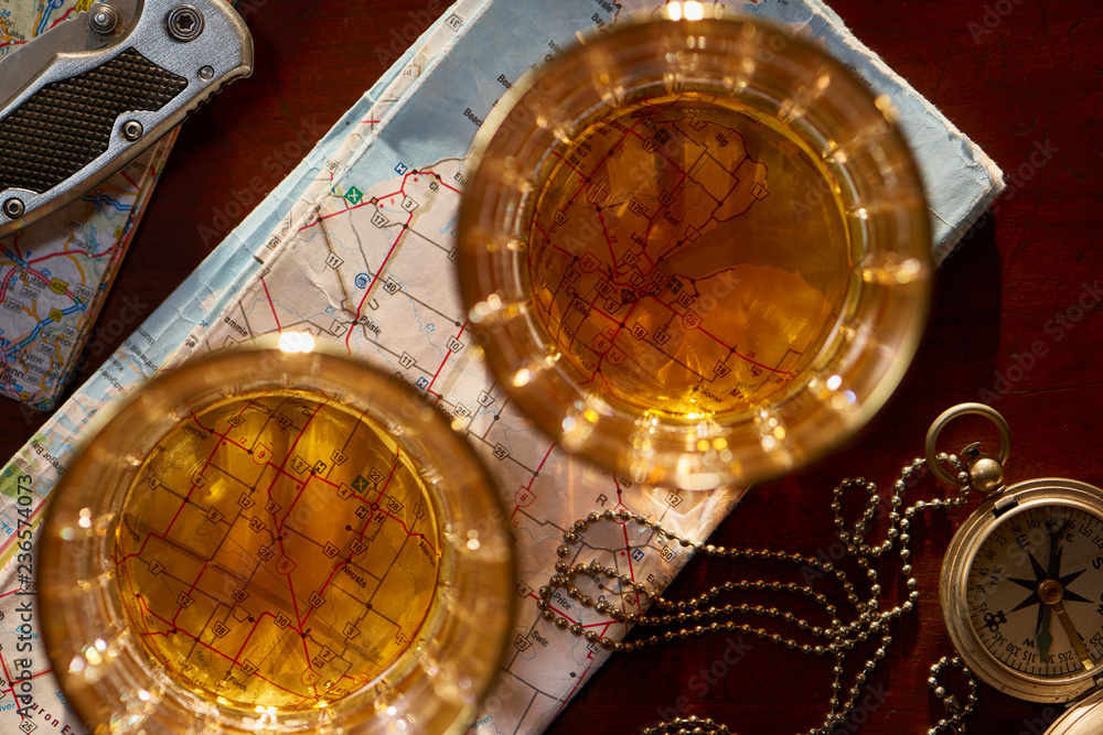Whiskey, Map and Compass Stock Photo | Adobe Stock