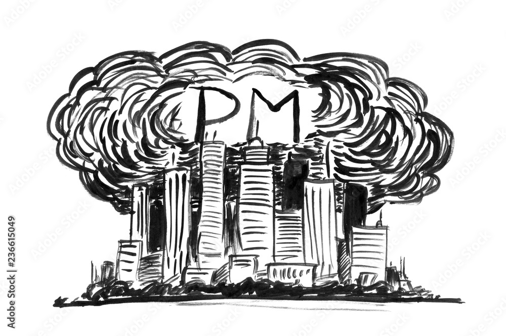 Black brush and ink artistic rough hand drawing of high rise building ...