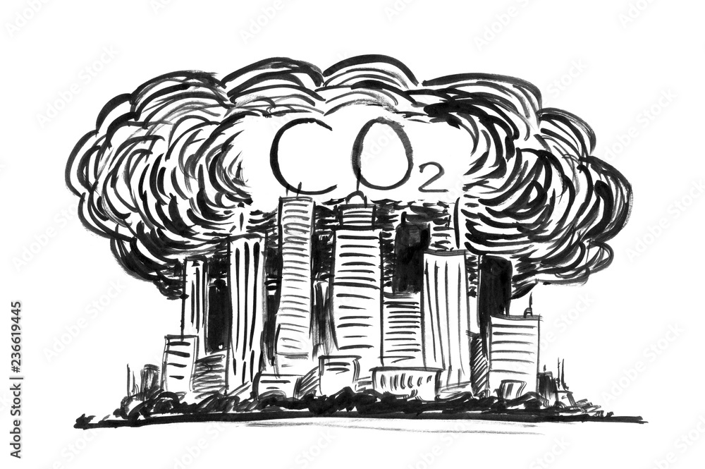 Black brush and ink artistic rough hand drawing of high rise building ...