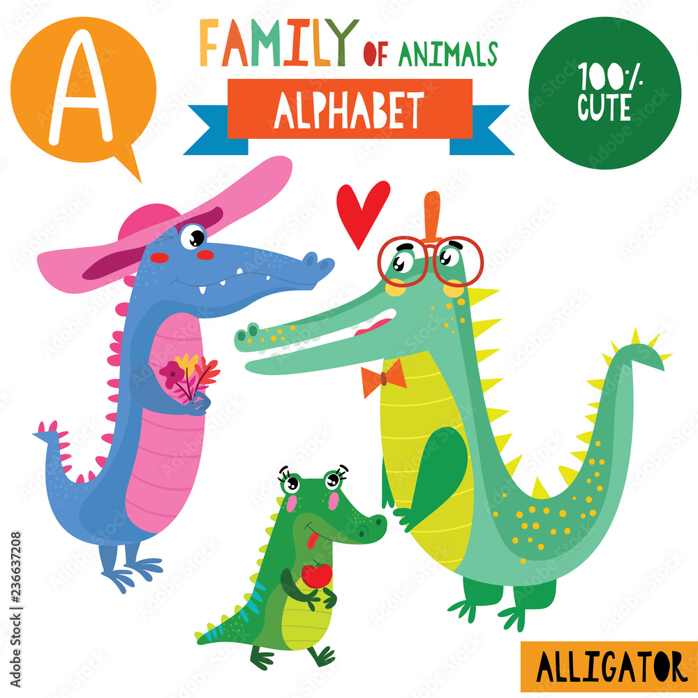 Letter A-Mega big set.Cute vector alphabet with family of animals in ...