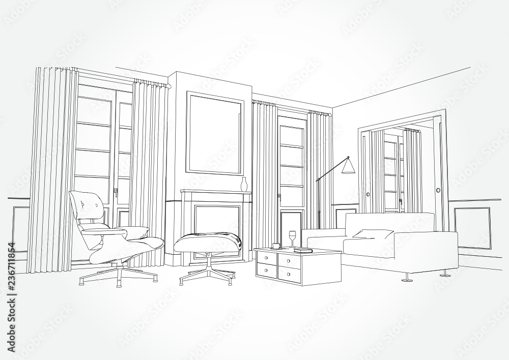 Linear sketch of an interior. Living room plan. Sketch Line sofa set ...