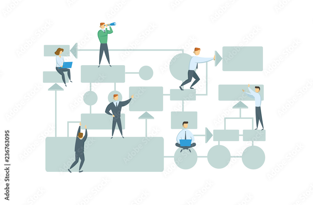 Teamwork, business workflow layout with chart elements and people ...