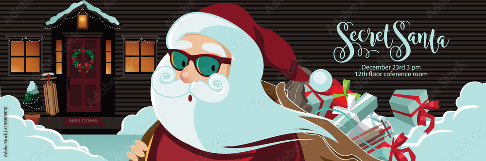 Secret Santa banner design with Cartoon Santa Claus delivering gifts in ...
