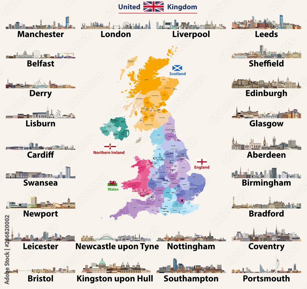 United Kingdom cities skylines illustrations. Map of United Kingdom ...
