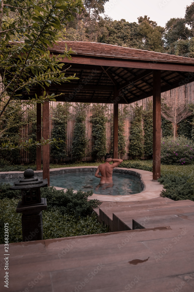 young man at Onsen bath Spa, natural pool ,Onse wooden bath tub,Woman ...