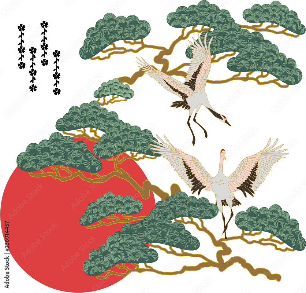 Asian, Japanese illustration with storks, bonsai and red sun. Stock ...