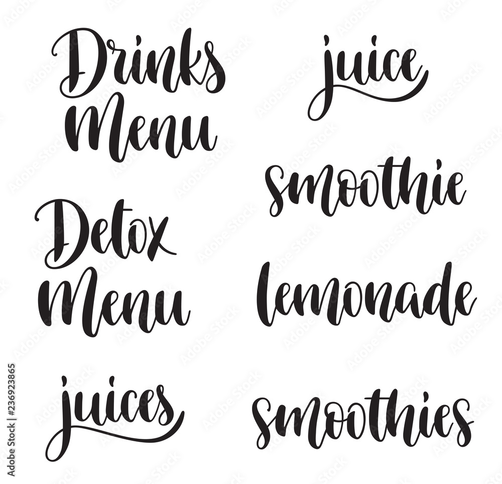 Hand lettering set featuring Drinks and Detox menu, Smoothie, Juice ...