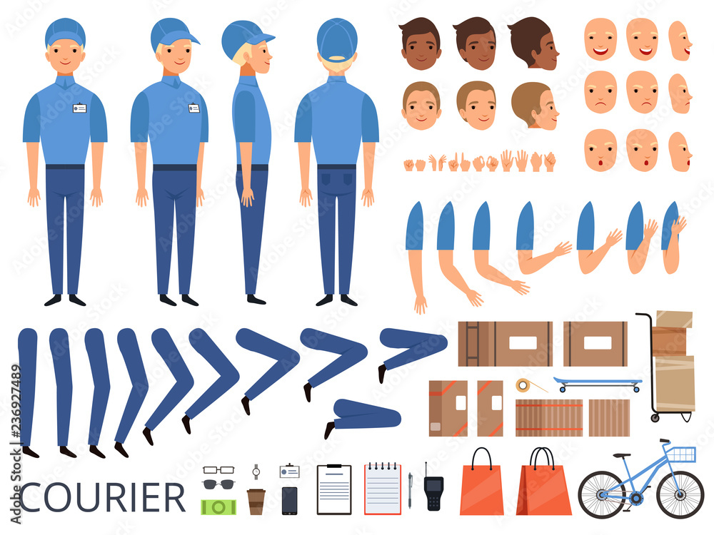 Courier box character animation. Body parts head arms cap hands of ...