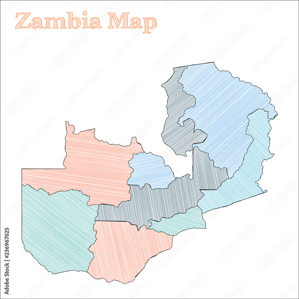 Zambia hand-drawn map. Colorful sketchy country outline. Fantastic Zambia map with provinces ...