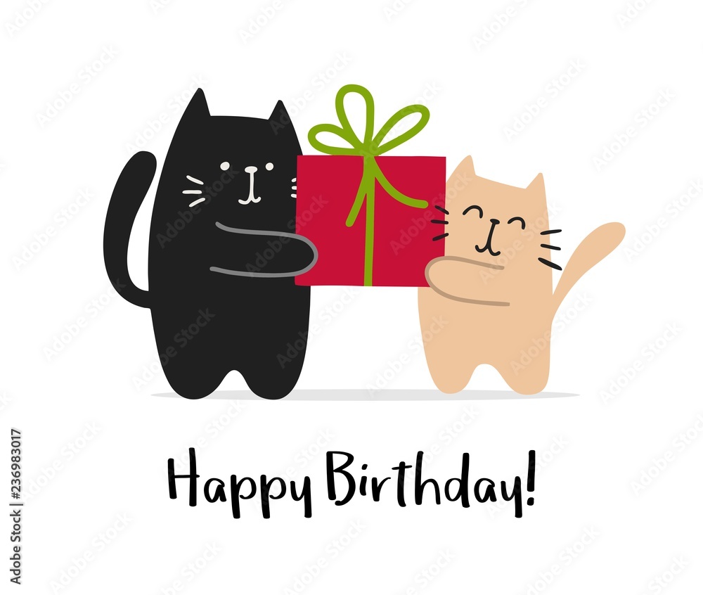 Happy Birthday greetings card with two cats and big red gift. Vector ...