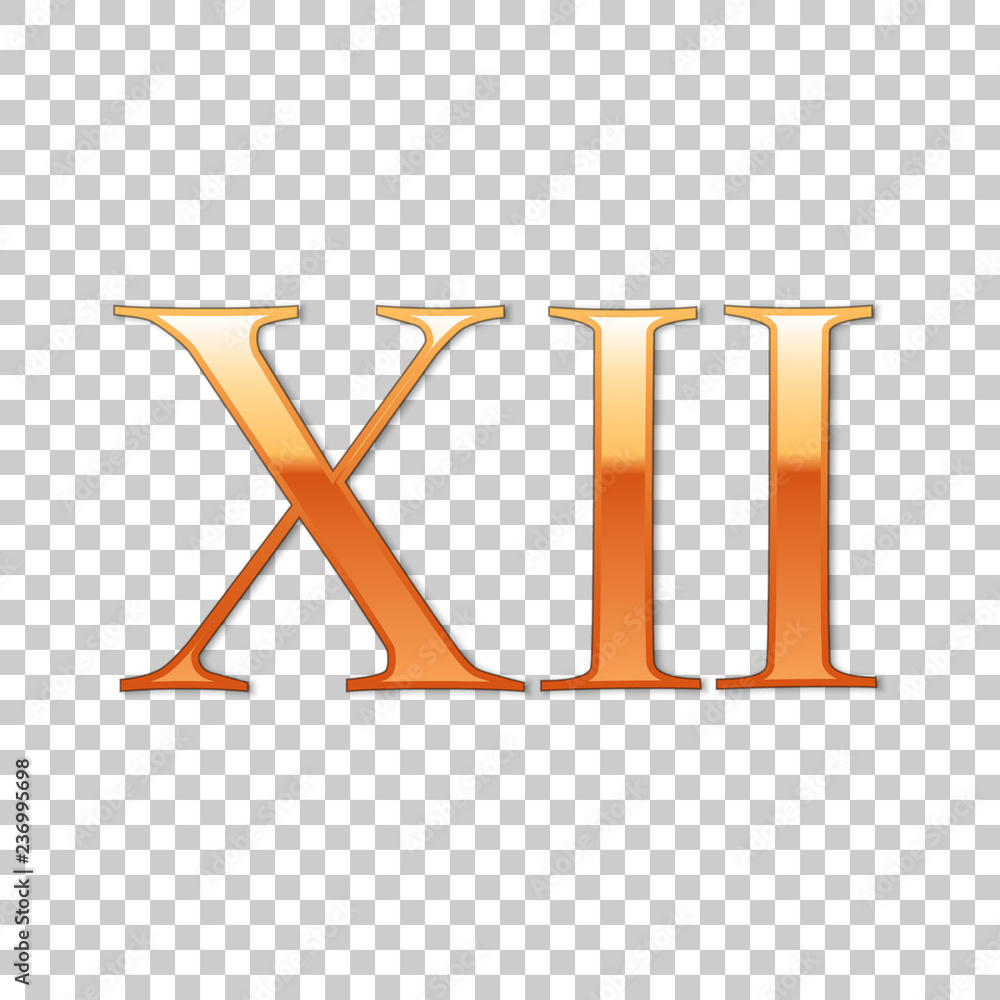 Golden Roman numeral number 12, XII, twelve in alphabet letter isolated ...