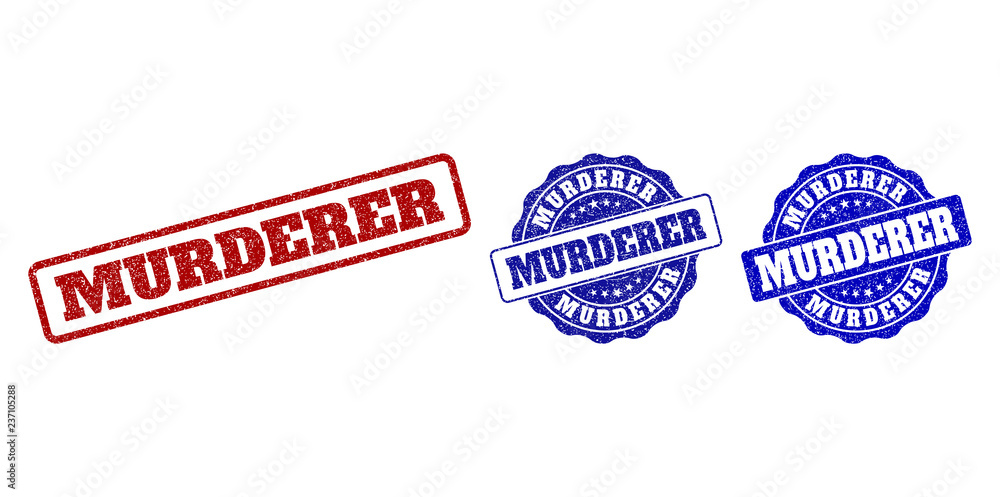 MURDERER scratched stamp seals in red and blue colors. Vector MURDERER ...