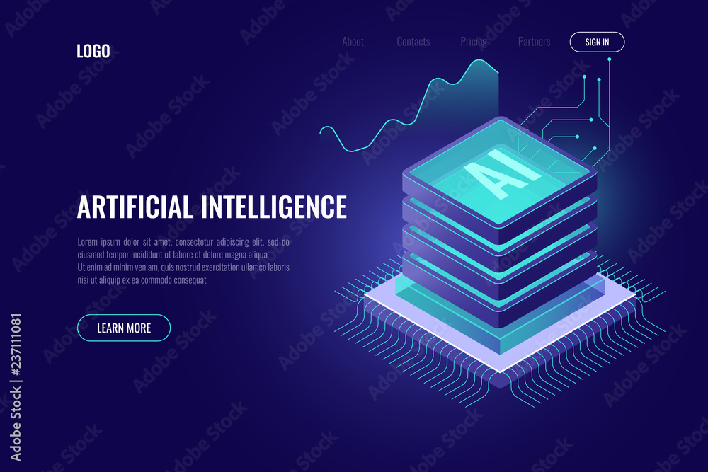 Artificial intelligence, AI isometric icon, computer brain, server room ...