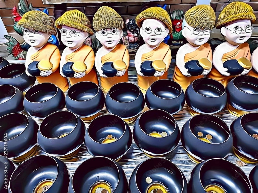 Cartoon illustration of cute little buddhist monks figurines with wool ...