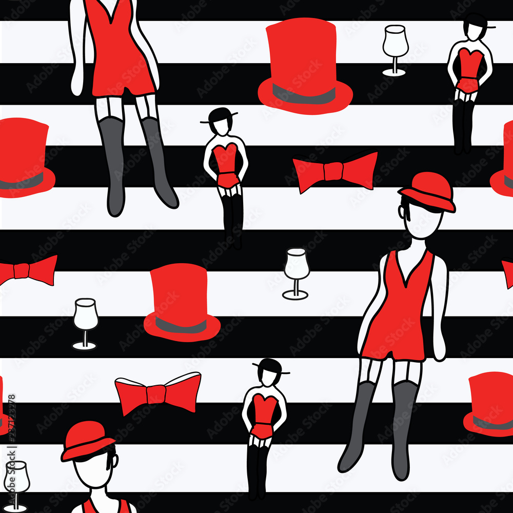 Vector cabaret showgirls and elements as drinks, silk hat, mirror plateau, kiss and cancan sexy ...