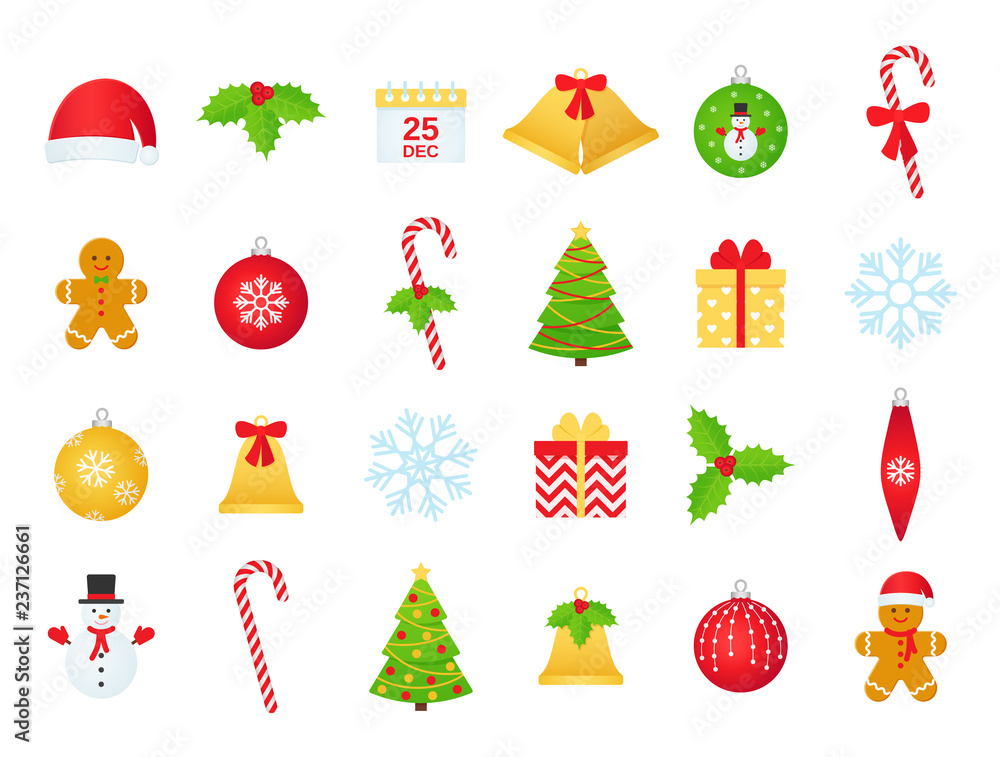 Christmas icons. Vector. Winter icon set. Christmas decorations in flat ...