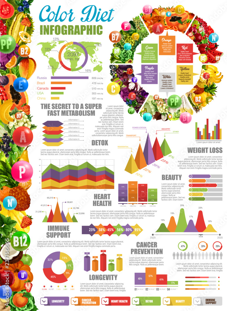 Nutrition and color diet infographic with charts Stock Vector | Adobe Stock