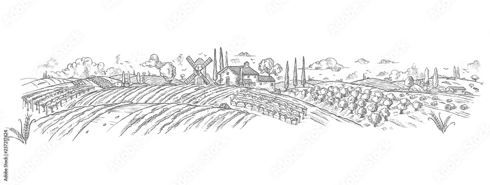 rural landscape Hand drawn with plant. Vector illustration Stock Vector ...