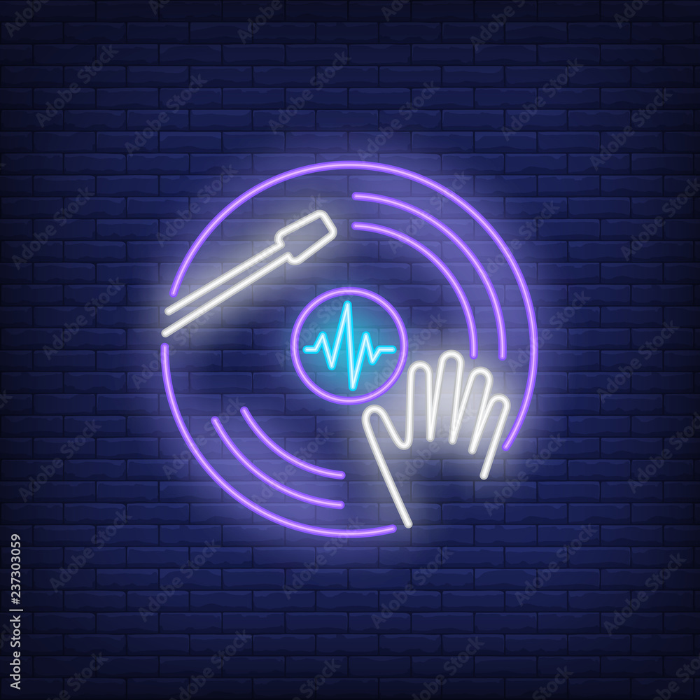 Vinyl disc with dj hand neon sign. Disco advertisement design. Night ...