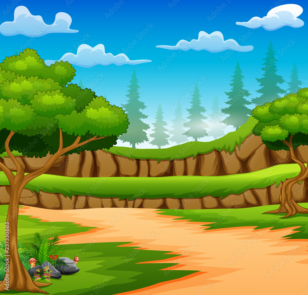 Cartoon of forest background with dirt road Stock Vector | Adobe Stock