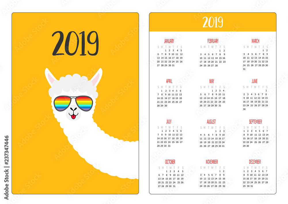Llama alpaca animal face in rainbow glassess. Simple pocket calendar ...