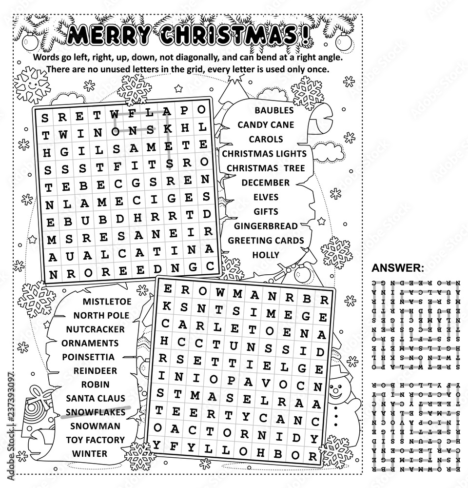 Christmas themed zigzag word search puzzle and coloring page. Answer ...