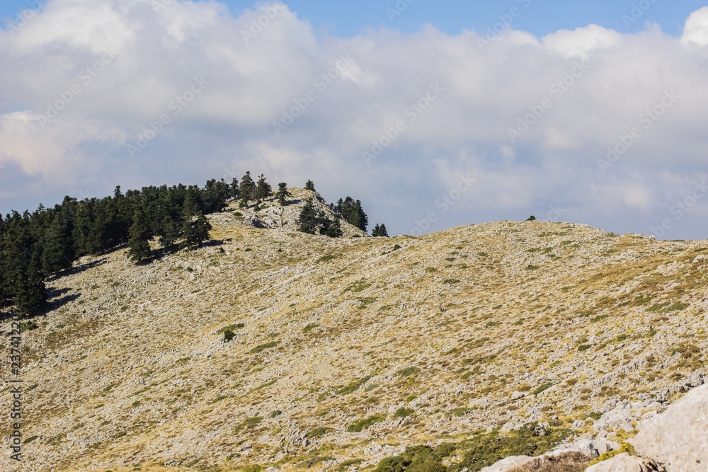 bare dry mountain ridge landscape wilderness highland view on cloudy ...