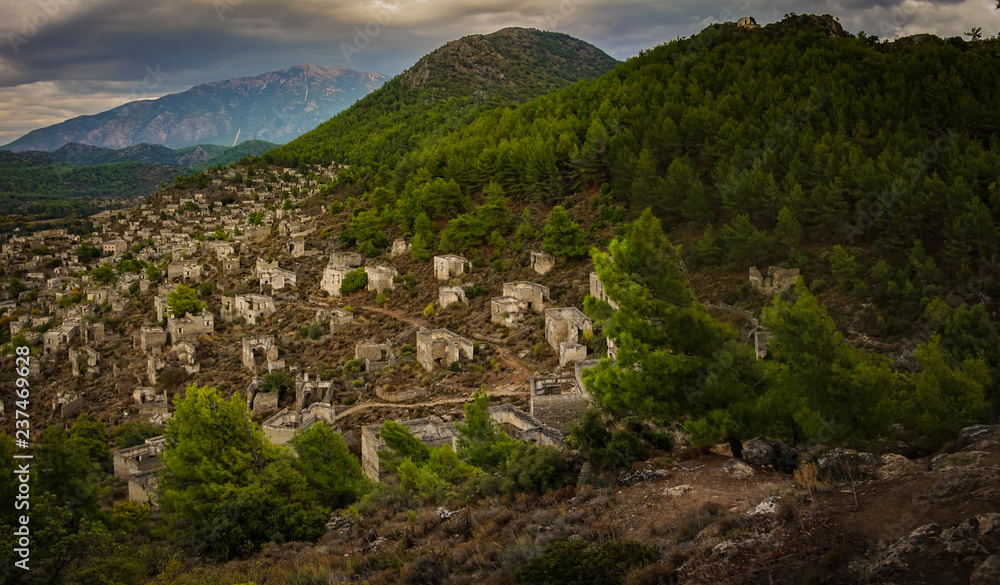 Panoramic Kayakoy houses in historcial Lycian village of Kayakoy ...