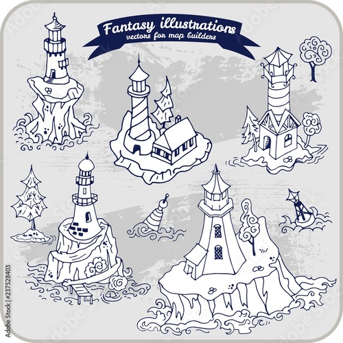 Fantasy illustration of Lighthouses for map building in hand draw ...