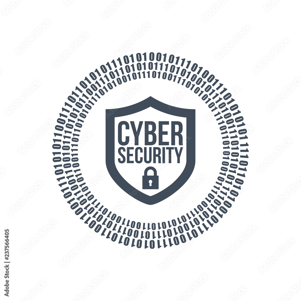 cyber security shield icon or logo. binary digital circles and lock ...