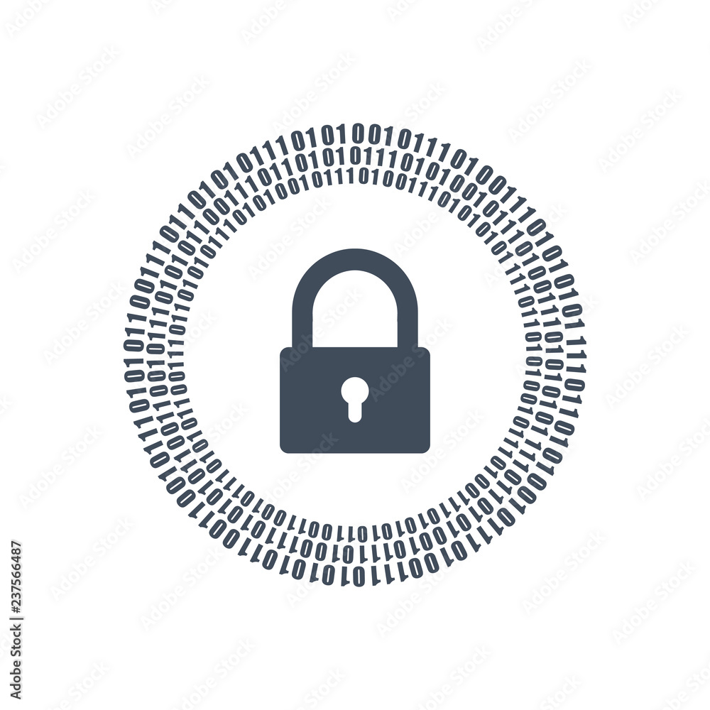 Digital lock and binary one and zero digits in circle around it. cyber security concept. digital ...