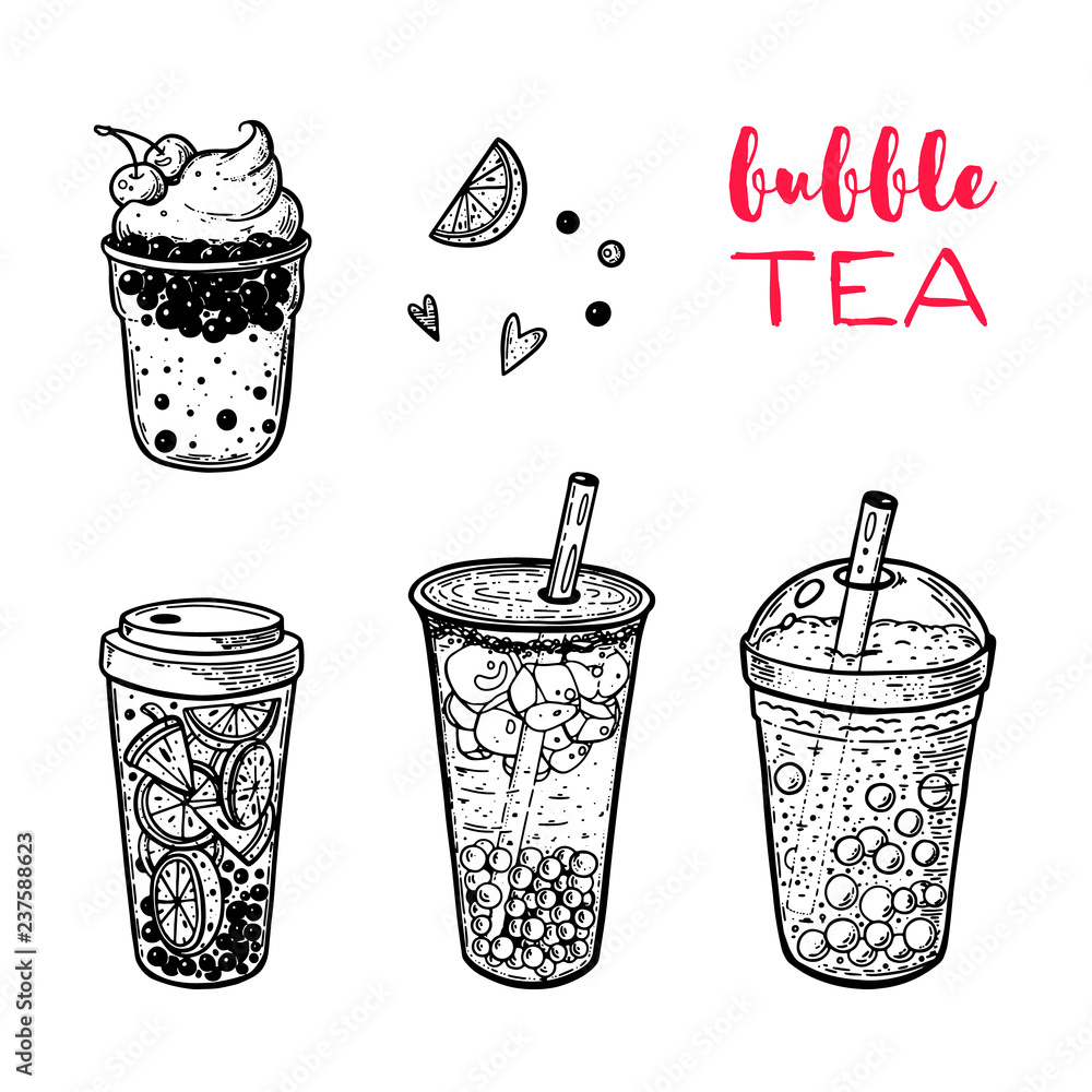 Bubble tea hand drawn illustration. Cocktail collection. Bubble tea ...