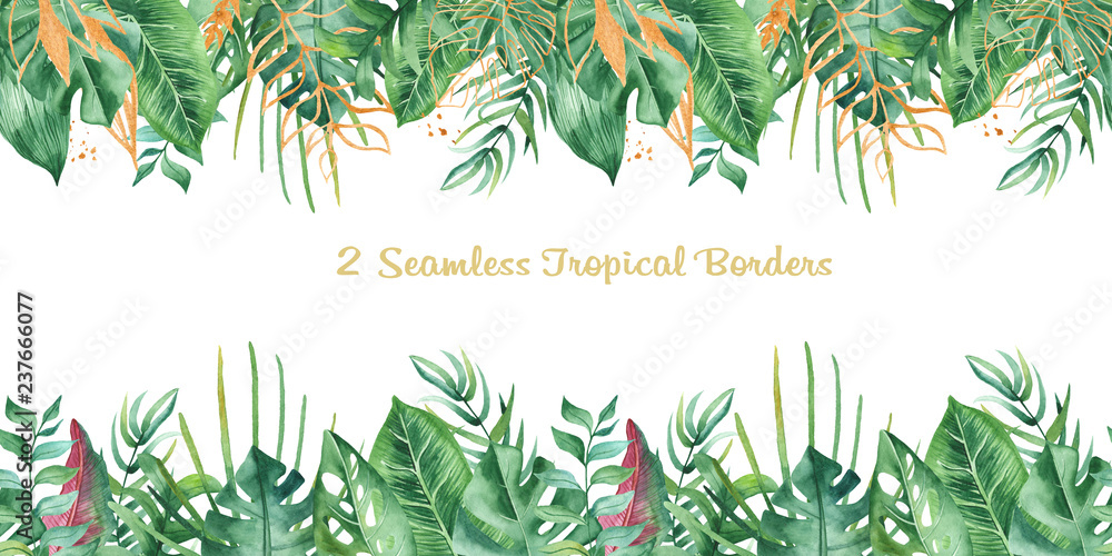 Watercolor seamless tropical border. Texture with tropical leaves ...