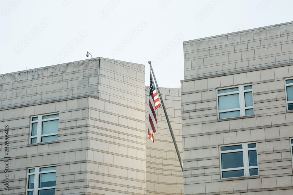 American flag on the building of the Embassy of America in Berlin in ...