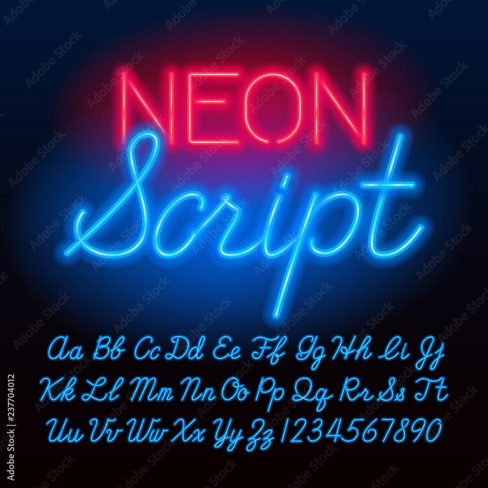 Neon script alphabet font. Blue color lowercase and uppercase letters ...