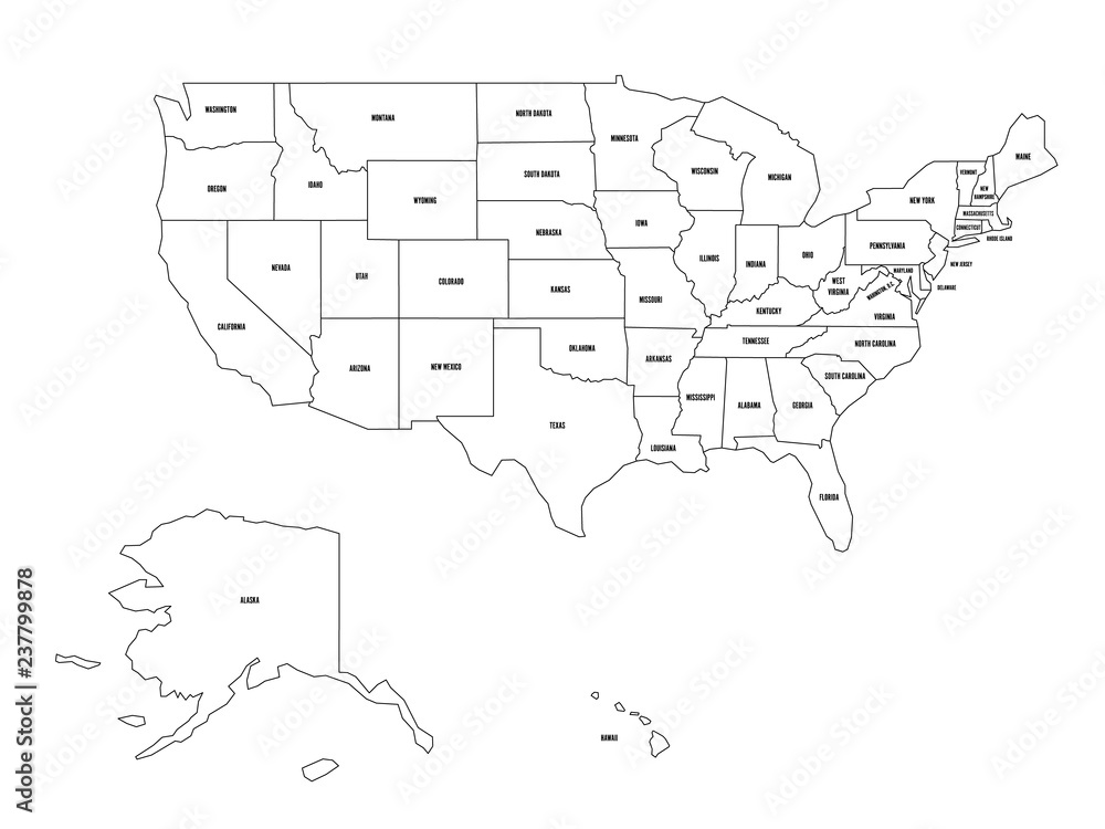 Political map of United States od America, USA. Simple flat black ...