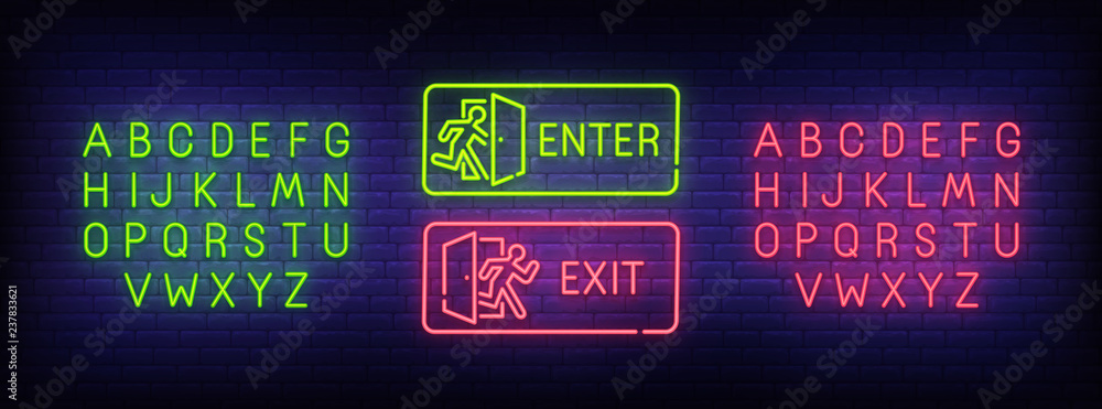 Enter neon sign, Exit neon sign. bright signboard, light banner. Neon ...