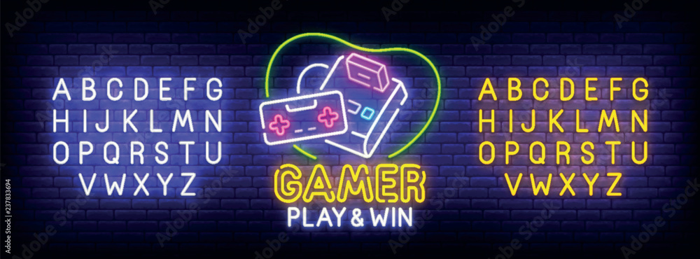 Gamer neon sign, bright signboard, light banner. Games logo. Neon sign ...
