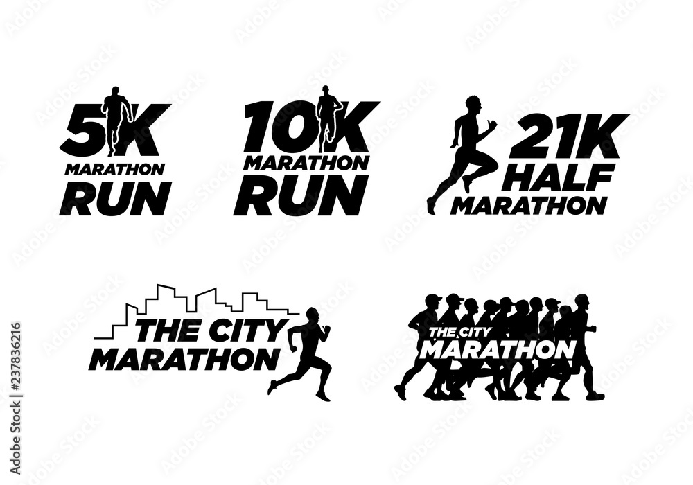 เวกเตอร์ Stock set of black silhouette marathon run event logo template ...