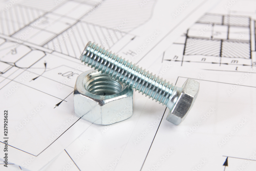 Technical drawings of bolt and nut. Engineering, technology and metalworking. Metal bolt and nut ...