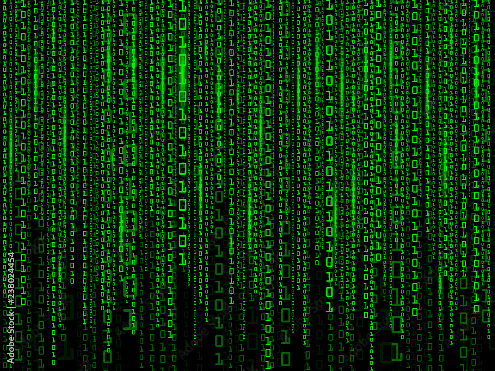 Digital background of green matrix on black backdrops. Binary computer ...