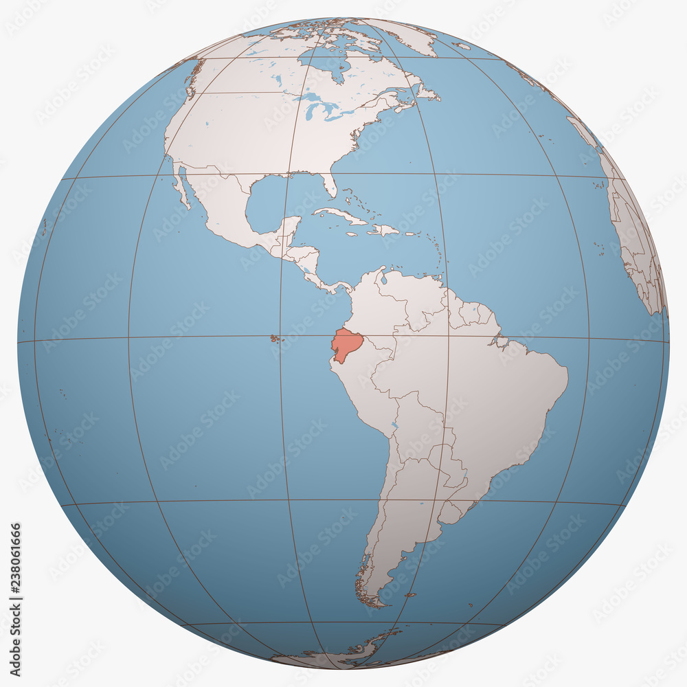 Ecuador on the globe. Earth hemisphere centered at the location of the ...