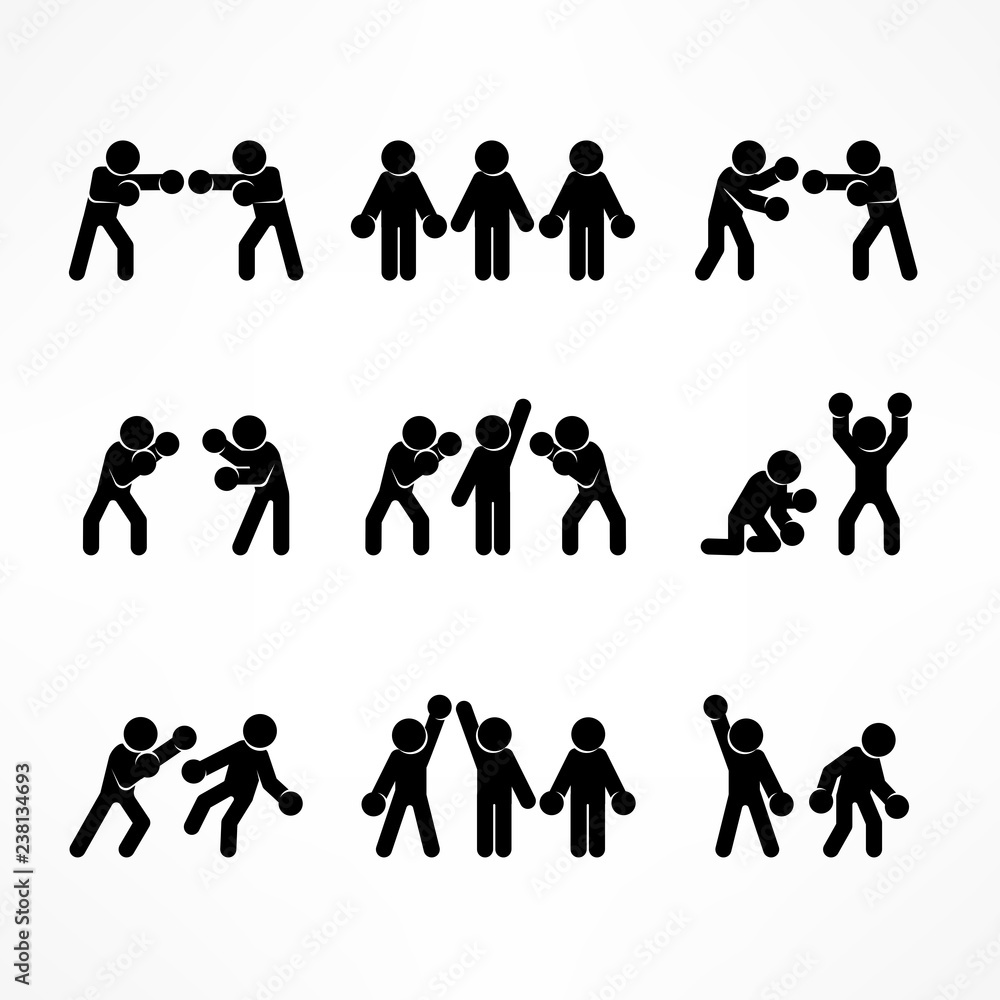 Boxing stick figures on white, boxer pictogram icon, for sport. Stock ...