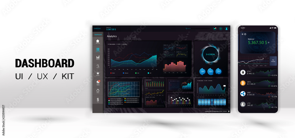 Infographic dashboard template with flat design graphs and pie charts. Information Graphics ...