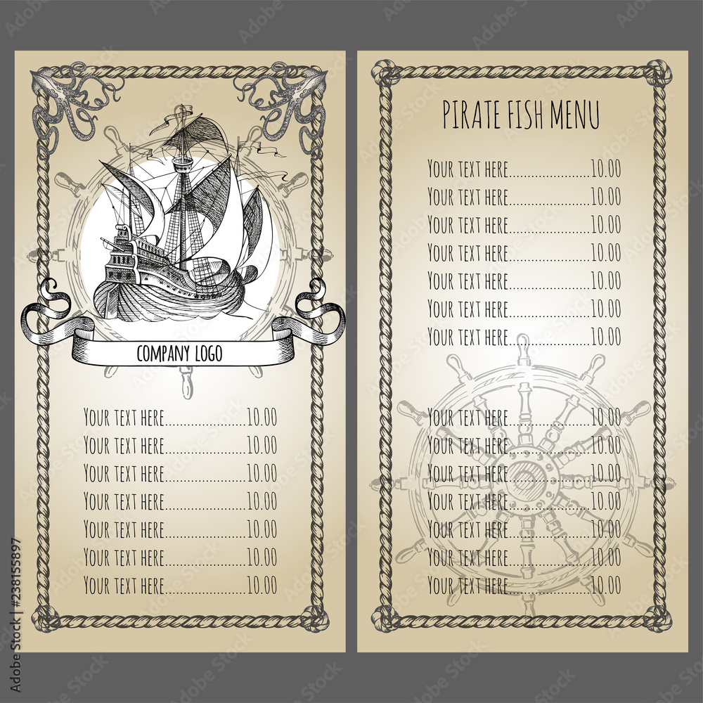 Adventure stories. Pirate background. Vintage border frame. Old caravel ...