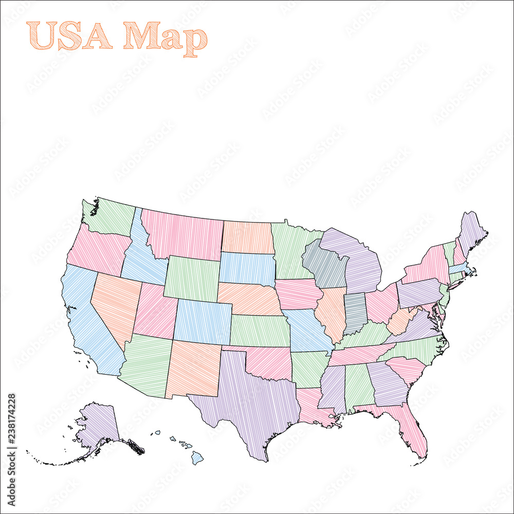 USA hand-drawn map. Colorful sketchy country outline. Exotic USA map ...