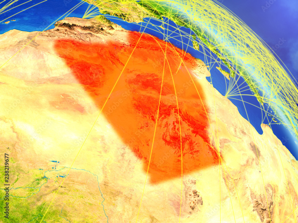 Algeria from space on model of planet Earth with network. Concept of digital technology ...