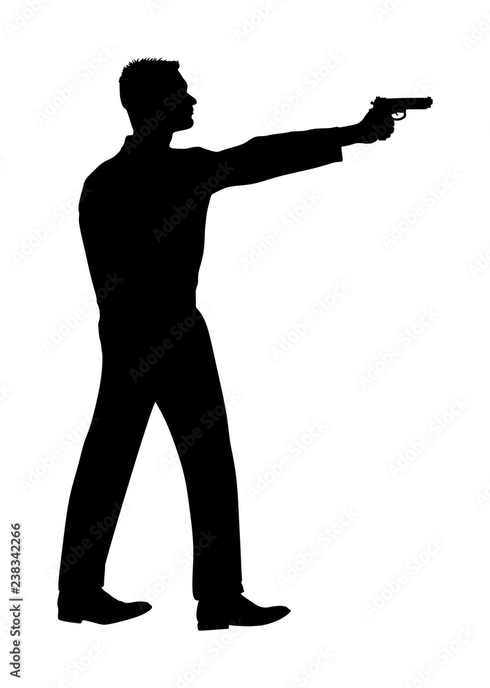 Public crime scene, gunfight battle. Man with gun shooting vector ...